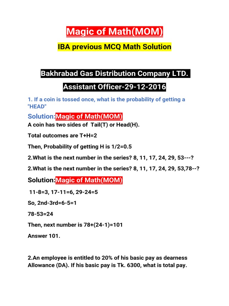 Magic of Math (MOM) : IBA Previous MCQ Math Solution | PDF | Taxes ...
