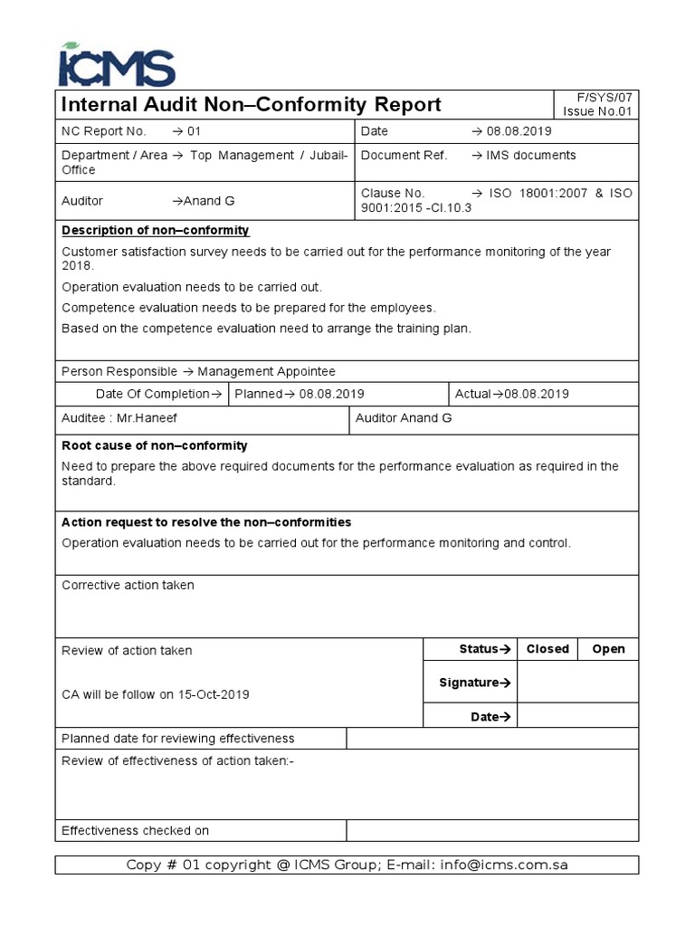 Internal Audit Non–Conformity Report | Internal Audit | Business
