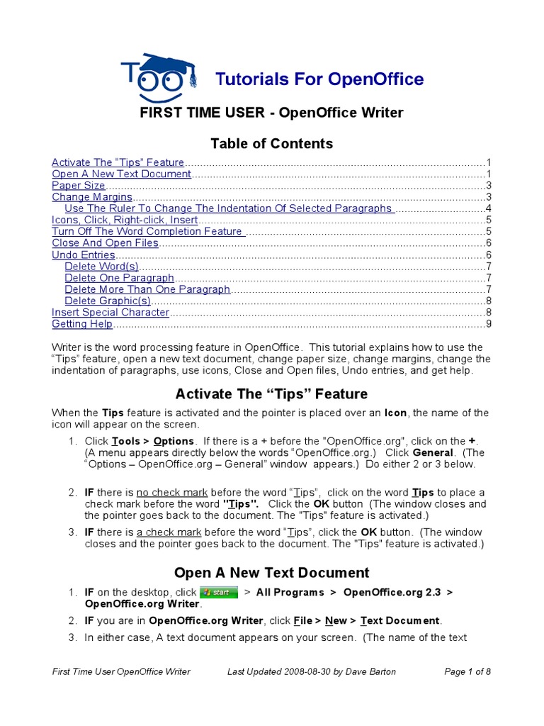 First Time User Openoffice Writer Last Updated 2008-08-30 by Dave ...