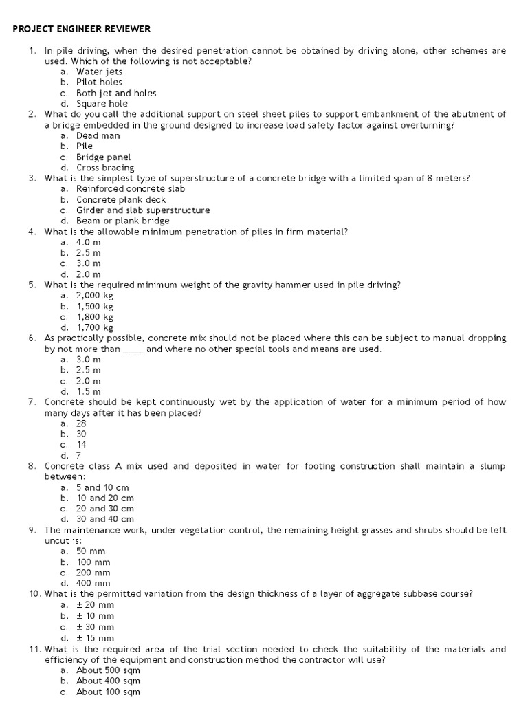 Pe DPWH Sample Questions | PDF | Deep Foundation | Concrete