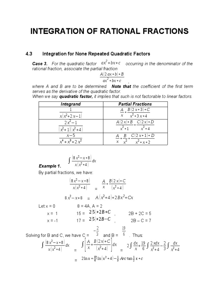 Integration of Rational Fractions: 4.3 Integration For None Repeated ...
