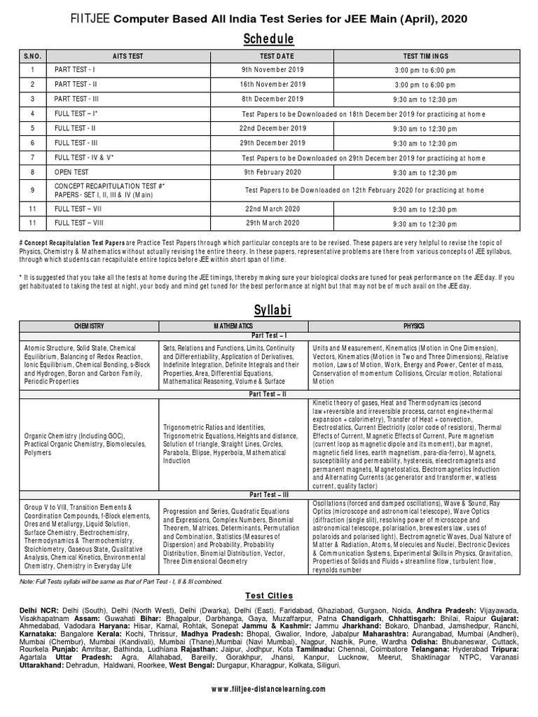 Schedule: Computer Based All India Test Series For JEE Main (April ...