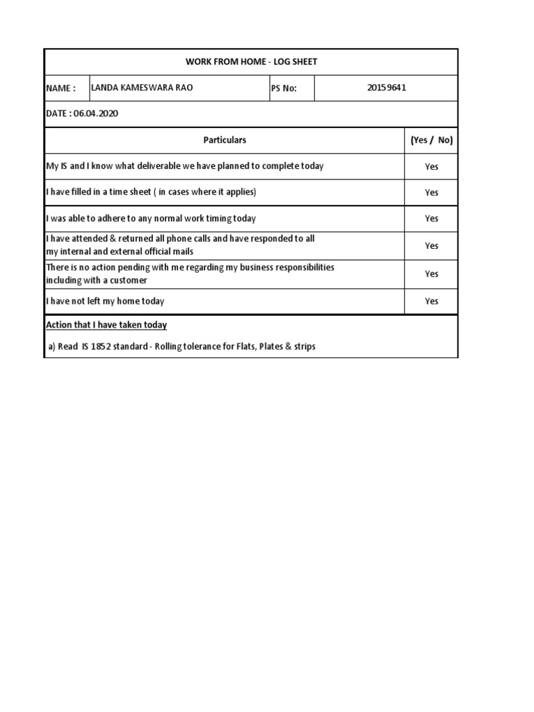 Work From Home Log Sheet Summary | PDF | Business