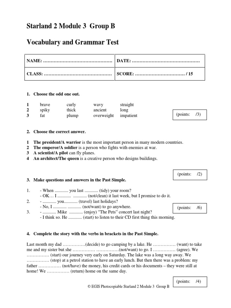 Starland 2 Module 3 Group B Vocabulary and Grammar Test: The Correct ...