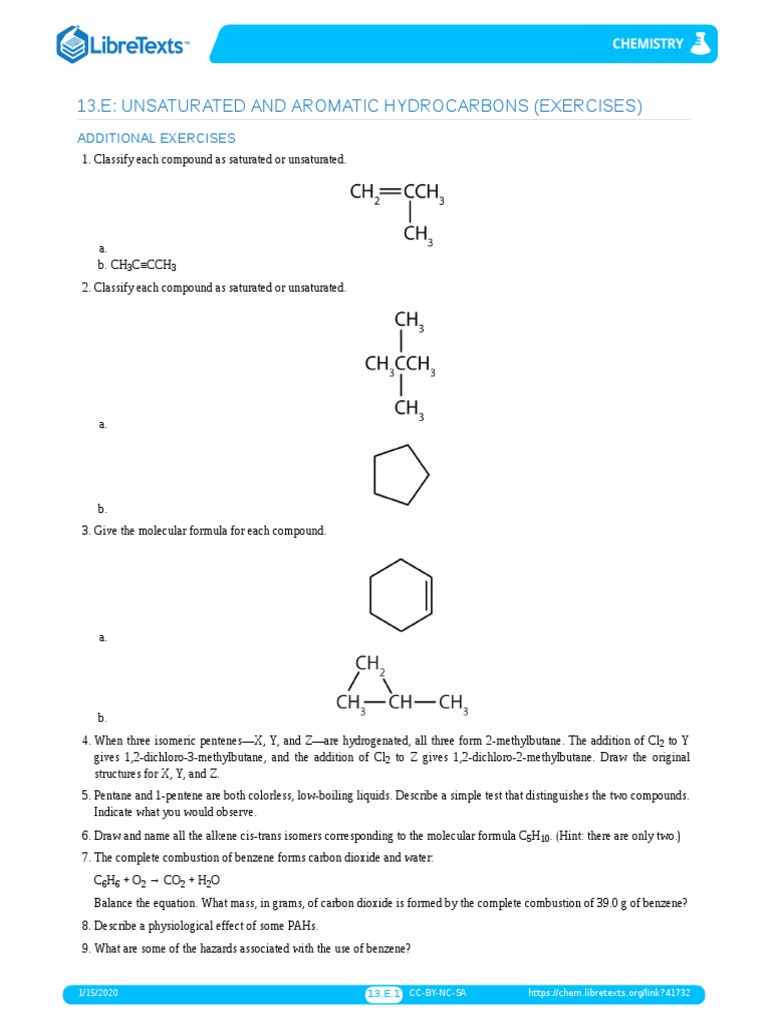 13.E Unsaturated and Aromatic Hydrocarbons (Exercises) | PDF | Alkene ...