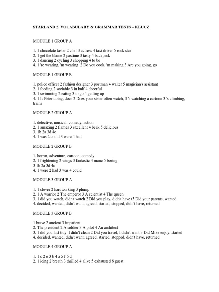 Starland 2. Vocabulary & Grammar Tests - Klucz | PDF