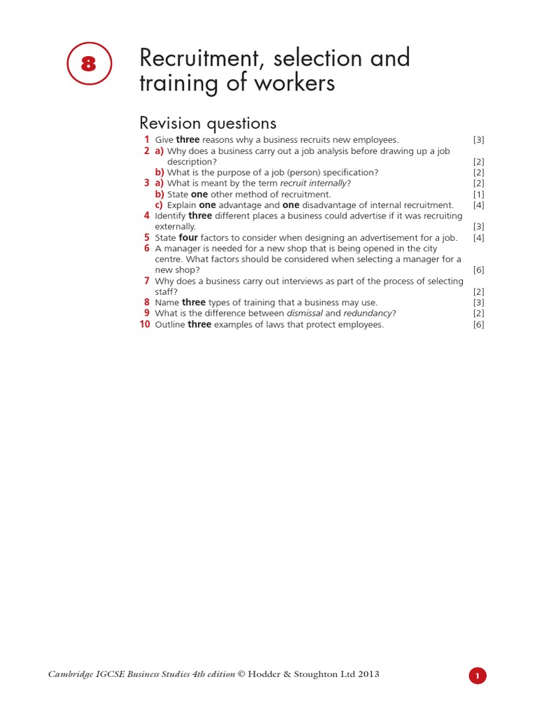 Recruitment, Selection and Training of Workers: Revision Questions | PDF