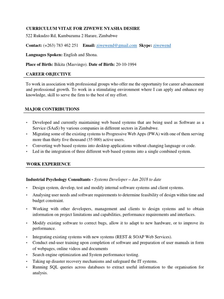 Ziwewe Nyasha Systems Developer CV | PDF | Dynamic Web Page | Web Application
