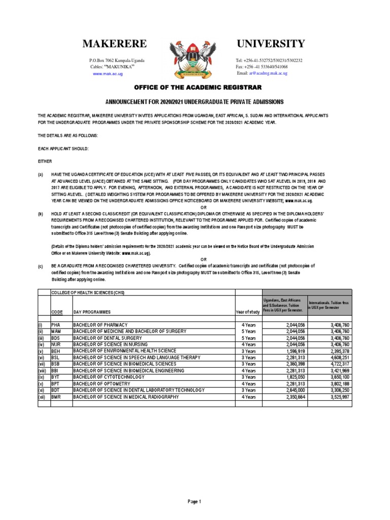 Makerere University Application UnderGraduate Courses 2020/2021 and ...