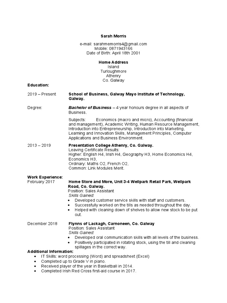 Sarahs CV | PDF | Learning | Cognition