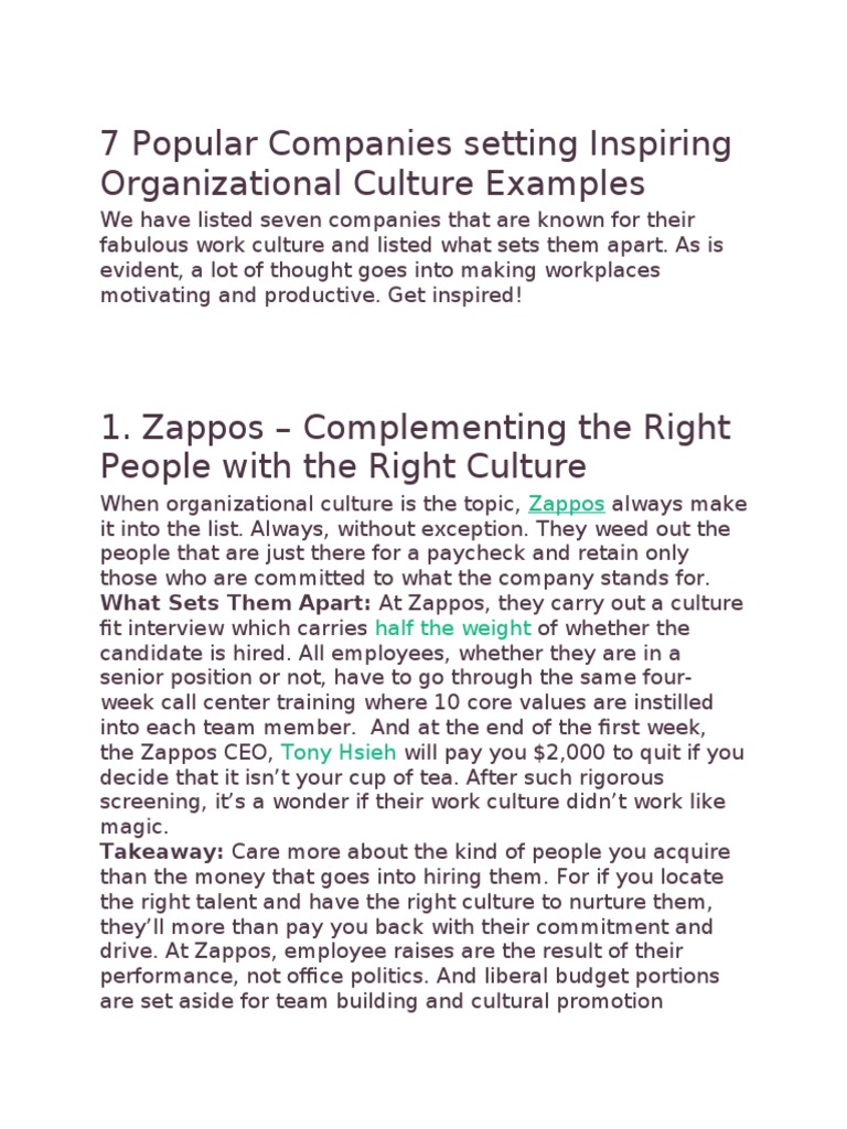 7 Popular Companies Setting Inspiring Organizational Culture Examples | PDF