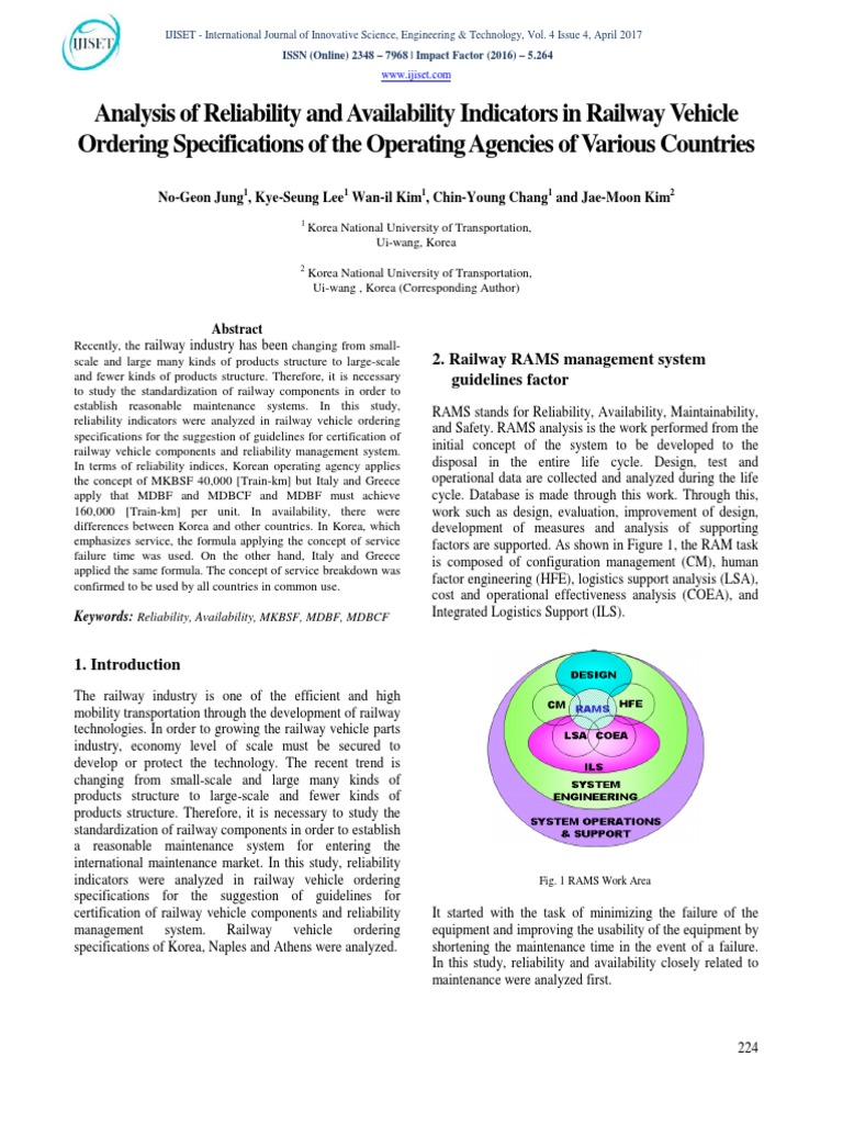 Analysis of Reliability and Availability Indicators in Railway Vehicle Prdering Specifications ...