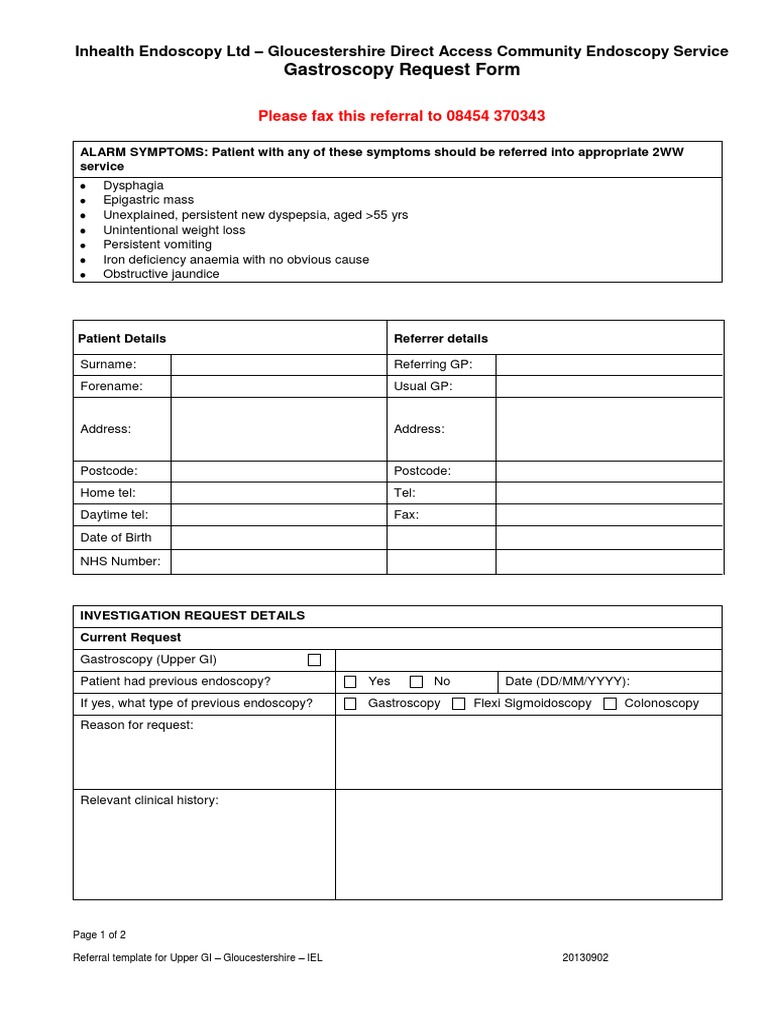 Upper GI Endoscopy Referral Form - InHealth Group | PDF | Endoscopy ...