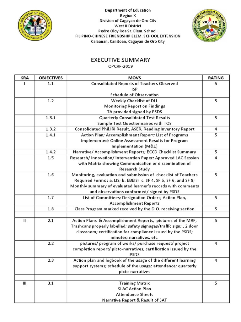 Executive Summary: KRA Objectives Movs Rating | PDF | Learning | Business