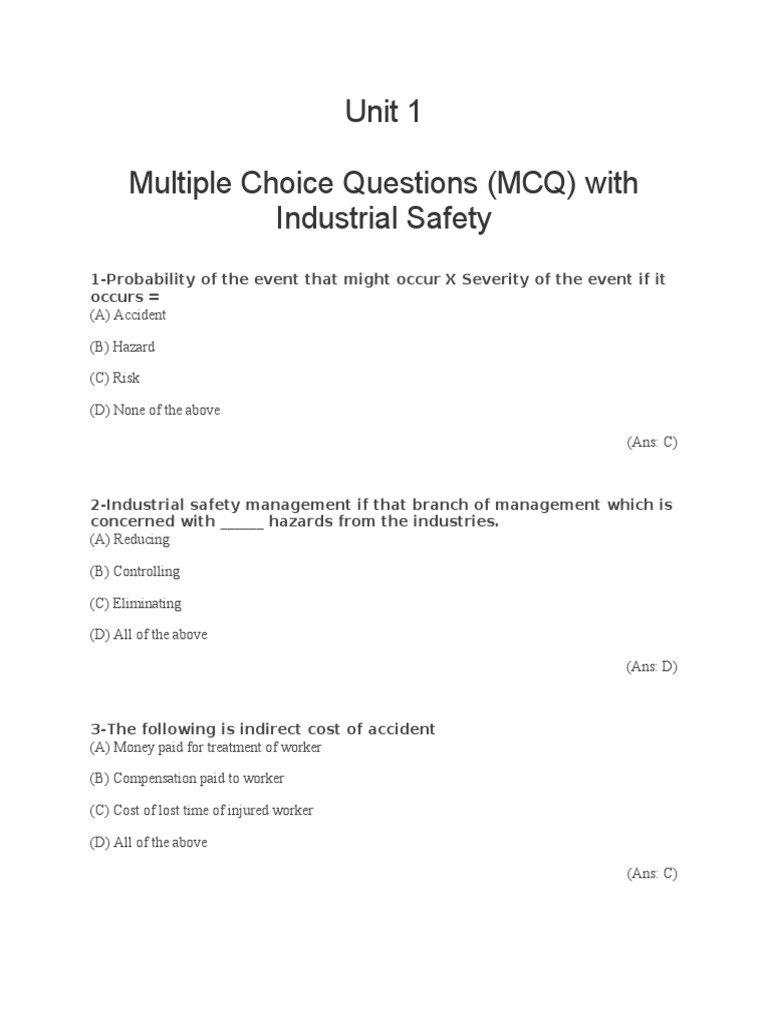Unit 1 Multiple Choice Questions (MCQ) With Industrial Safety | PDF ...