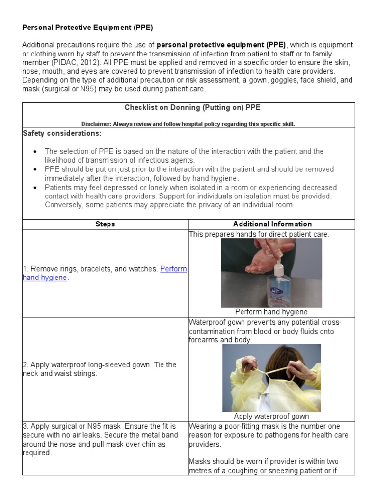 Checklist On Donning (Putting On) PPE: Personal Protective Equipment ...