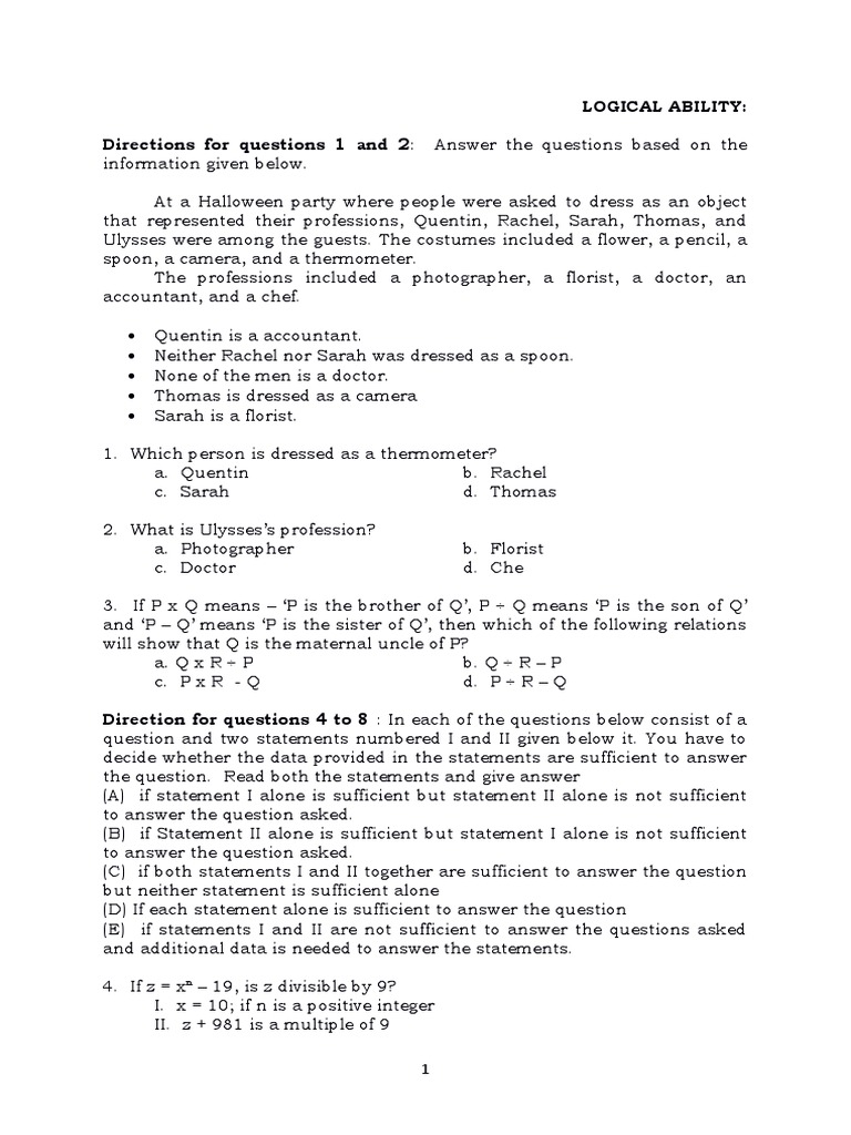 Logical Ability: Directions For Questions 1 and 2: Answer The Questions ...