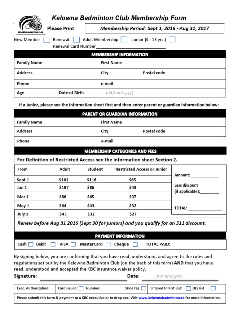 Kelowna Badminton Club Membership Form: Please Print | PDF | Indemnity ...