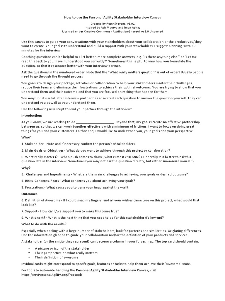 How To Use The Personal Agility Stakeholder Interview Canvas | PDF ...