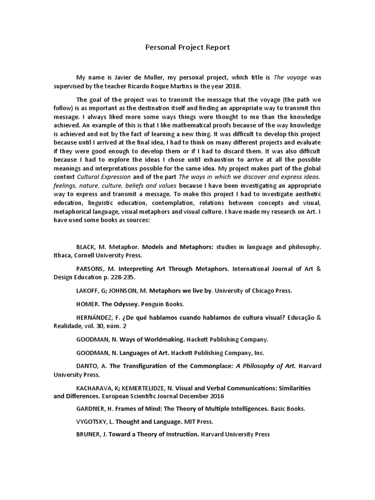 Personal Project Report: Feelings, Nature, Culture, Beliefs and Values ...