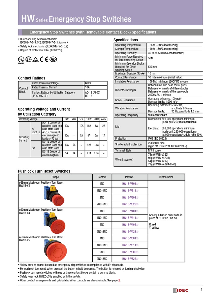 Specification Sheet for HW Series Emergency Stop Switches | PDF ...