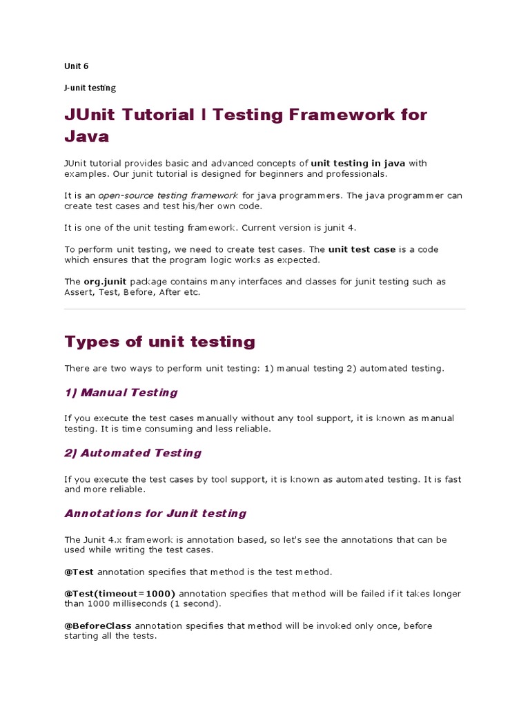 Junit Tutorial Testing Framework For Java Types Of Unit Testing Pdf Boolean Data Type 2085