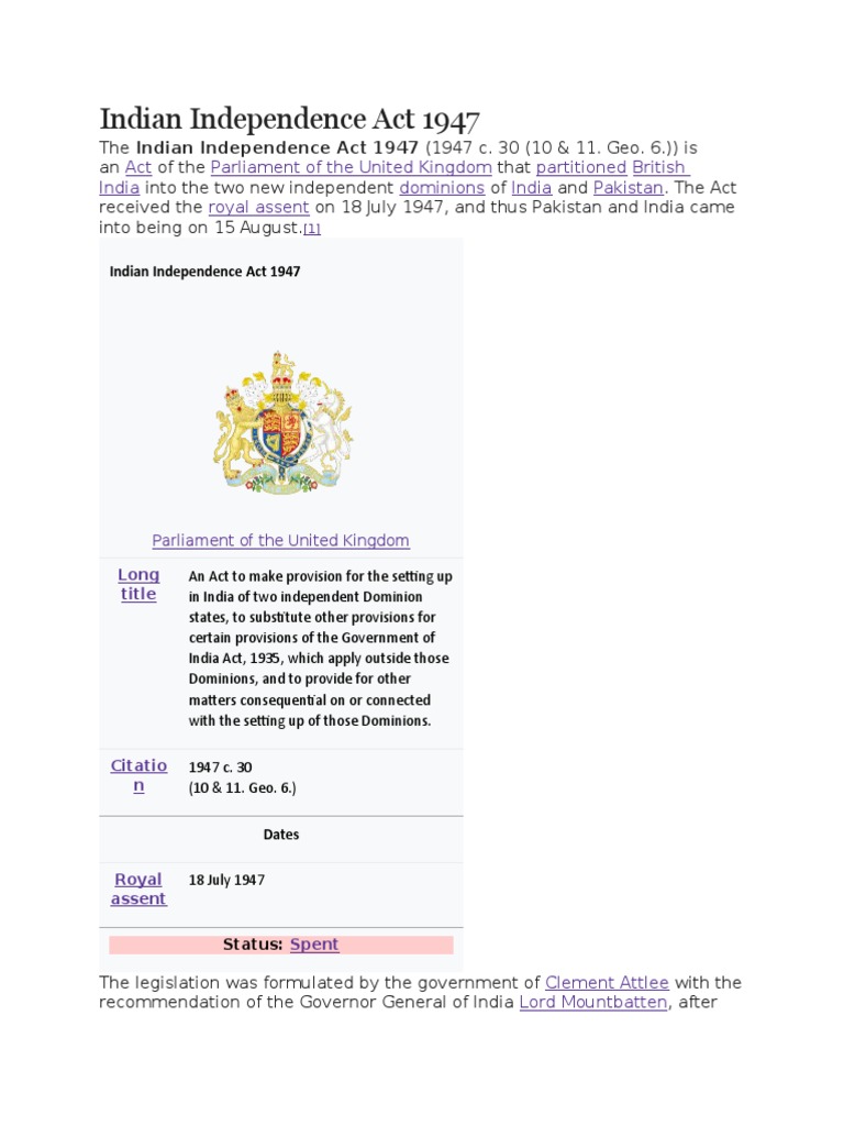 Indian Independence Act 1947 | PDF | Government | South Asia