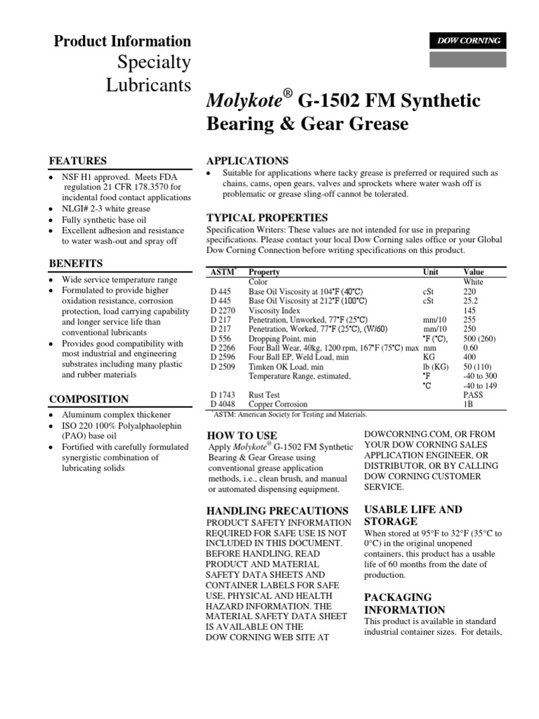 Molykote® G-1502FM Data Sheet | PDF | Materials | Chemical Substances