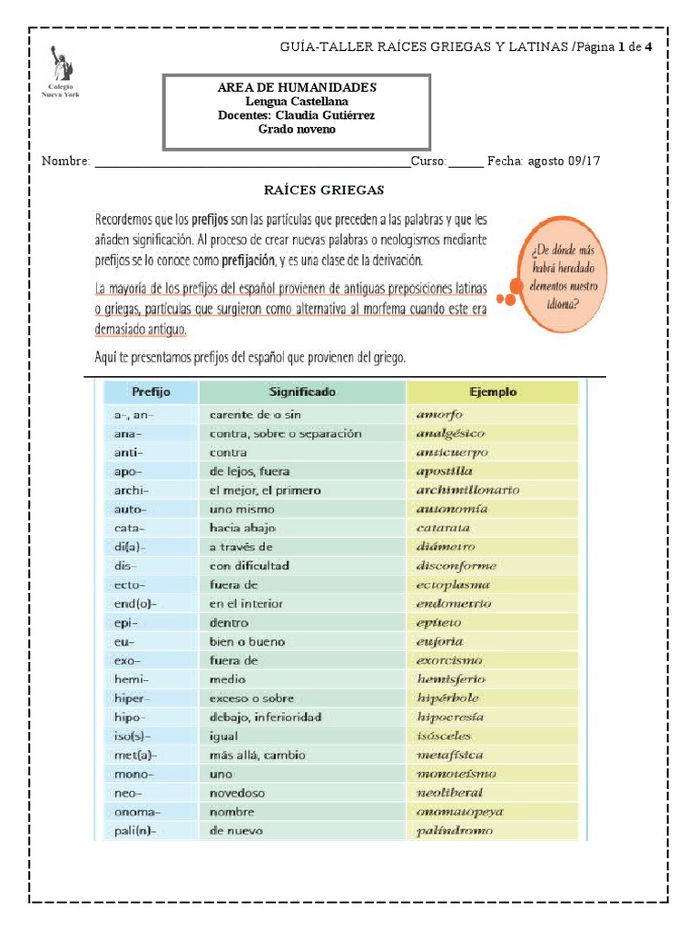 Guía - Taller RAÍCES GRIEGAS Y LATINAS | PDF