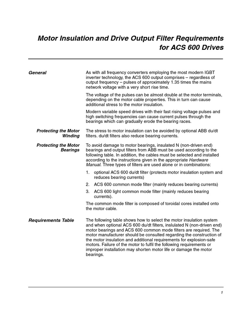ACS 600 Motor Insulation and Drive Output Filter Requirement | PDF ...