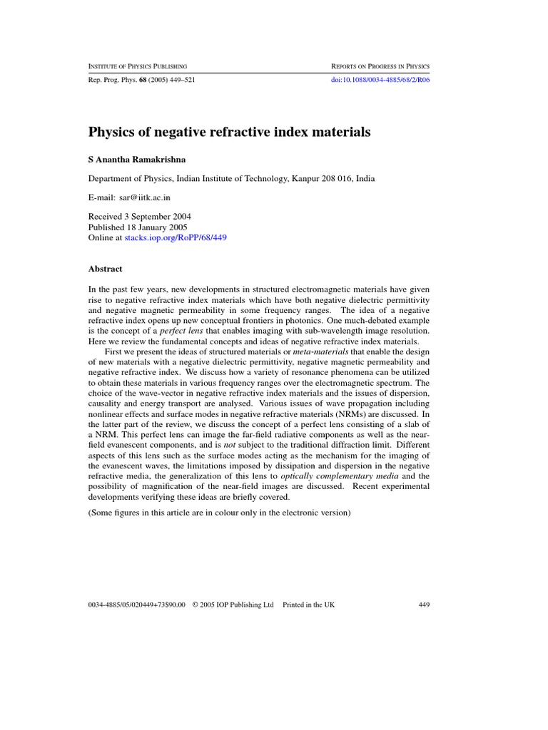 Physics of Negative Refractive Index Materials: S Anantha Ramakrishna ...