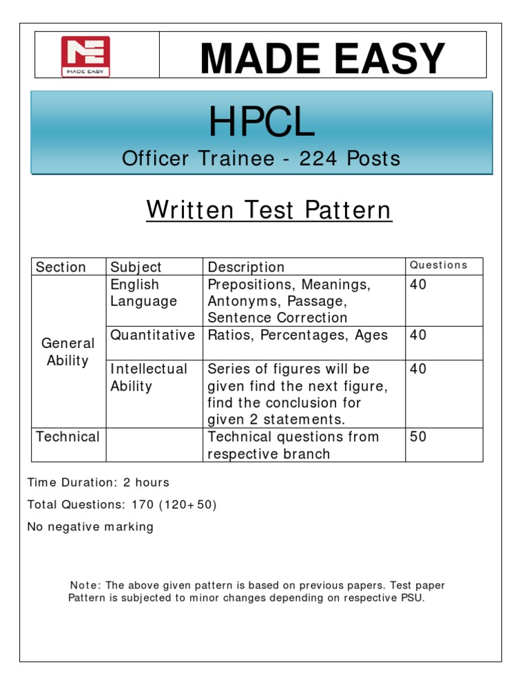 F5087202HPCL Written Exam Pattern | PDF