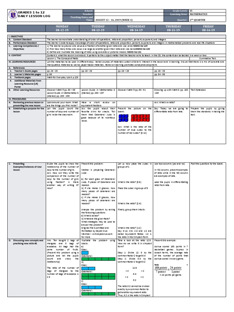 DLL - Math 6 - Q2 - W1 | PDF | Ratio | Teachers