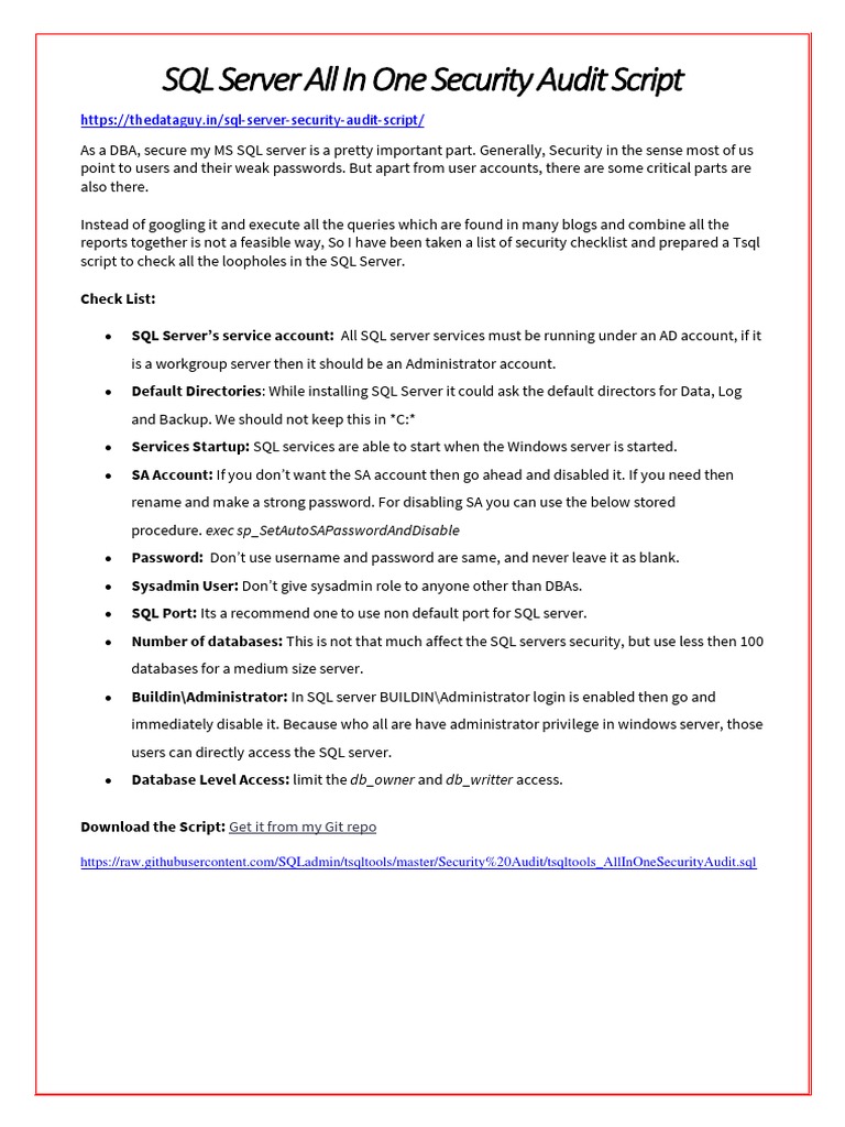 SQL Server All in One Security Audit Script | PDF