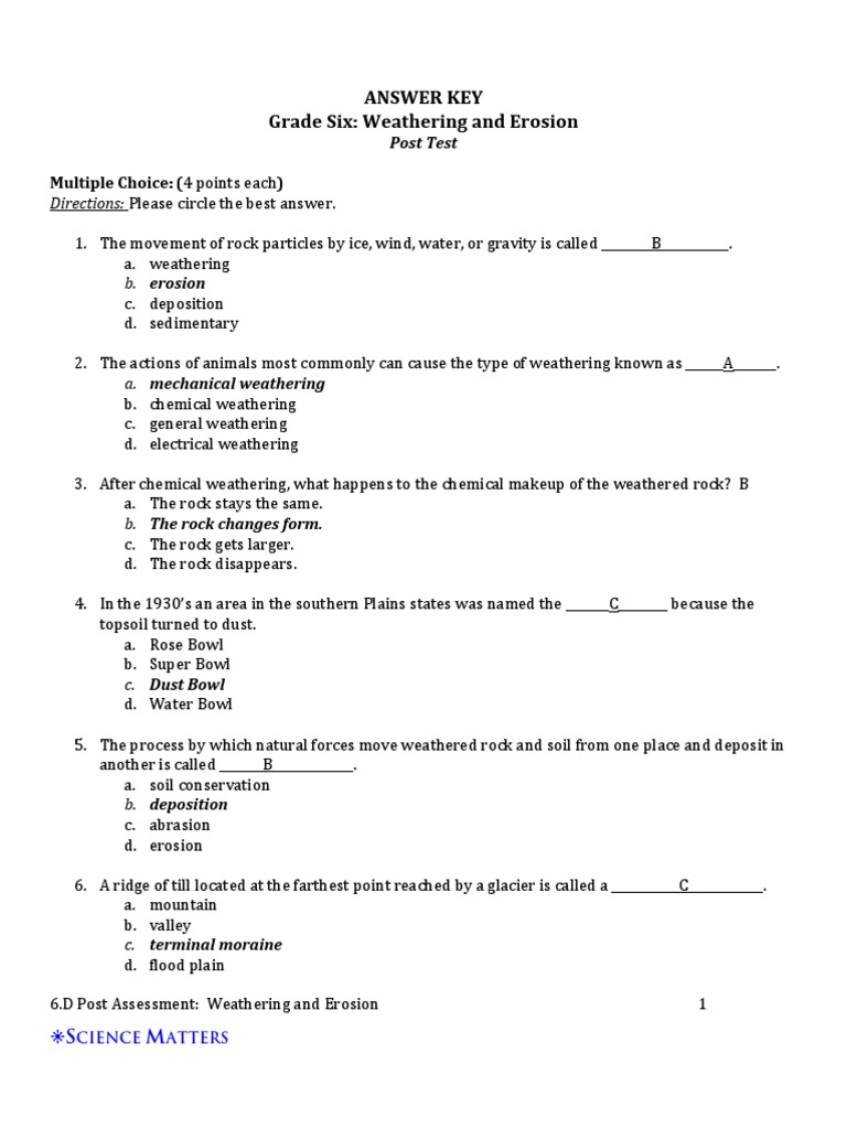 Answer Key Grade Six: Weathering and Erosion: Multiple Choice: (4 ...