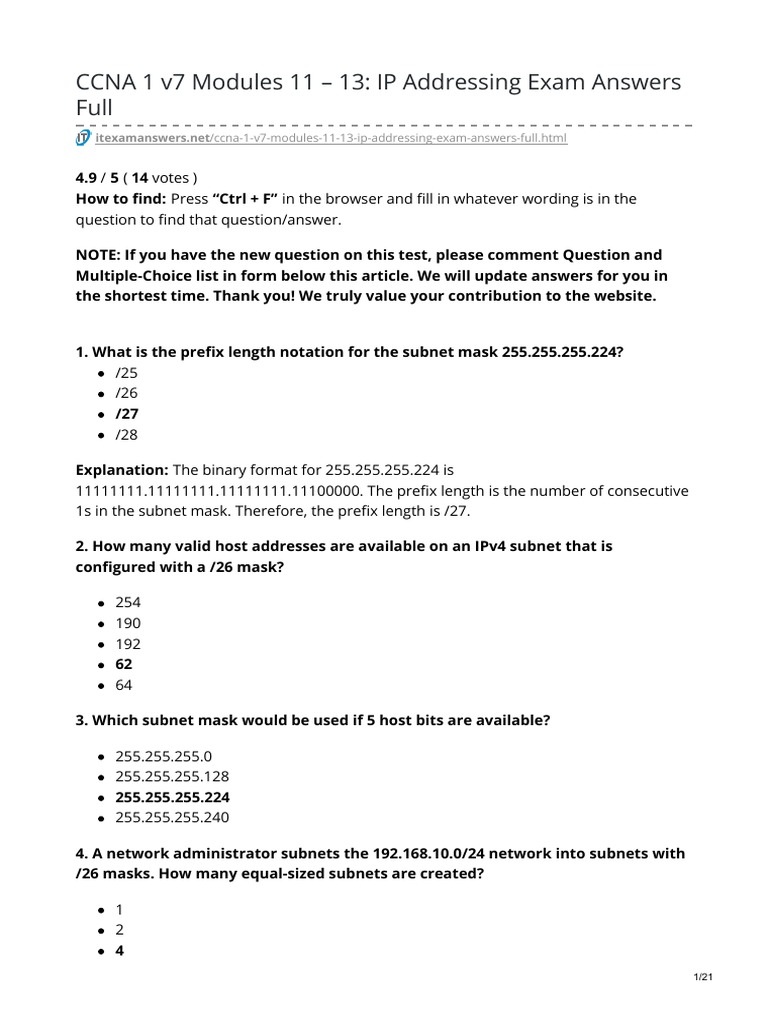 CCNA 1 v7 Modules 11 – 13: IP Addressing Exam Answers | PDF | I Pv6 | Ip Address