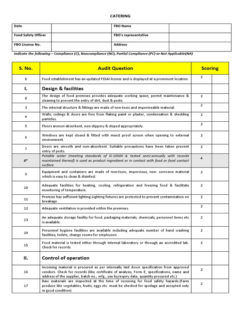 S. No. Audit Question Scoring: Catering | PDF | Hygiene | Food Safety