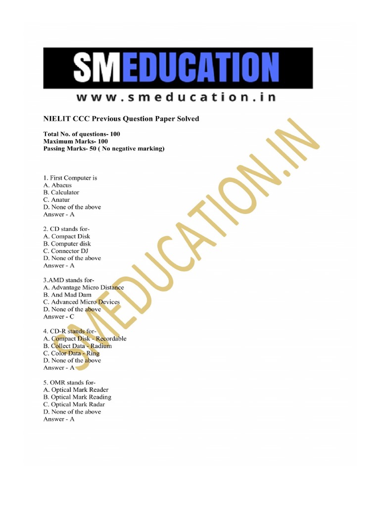 NIELIT CCC Previous Question Paper Solved | PDF