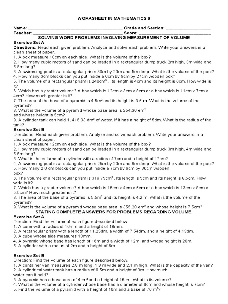 Mathematicsworksheetgrade 6 | PDF | Volume | Geometry