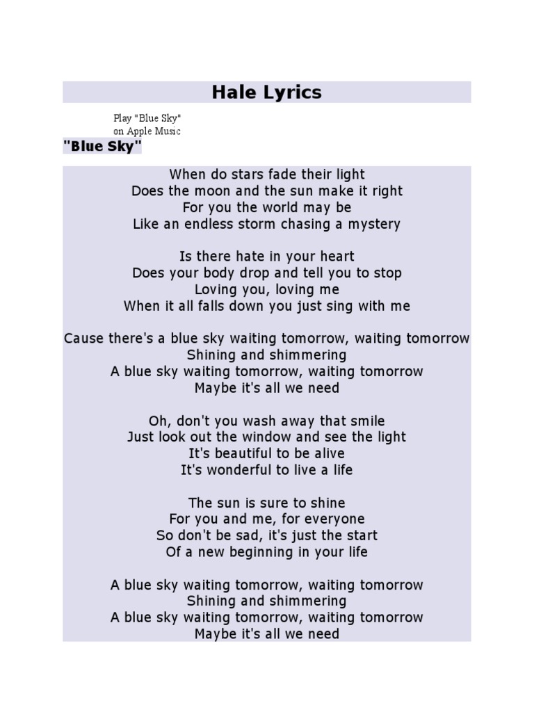 Hale Lyrics: "Blue Sky" | PDF