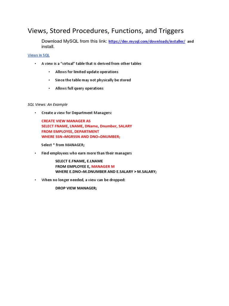 Views, Stored Procedures, Functions, and Triggers: Download Mysql From This Link: Install | PDF ...