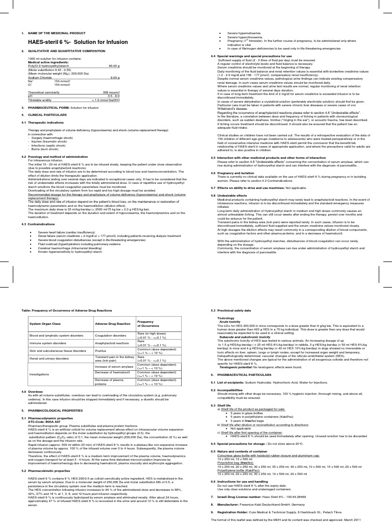 HAES-steril 6 %-Solution For Infusion | PDF | Dose (Biochemistry ...