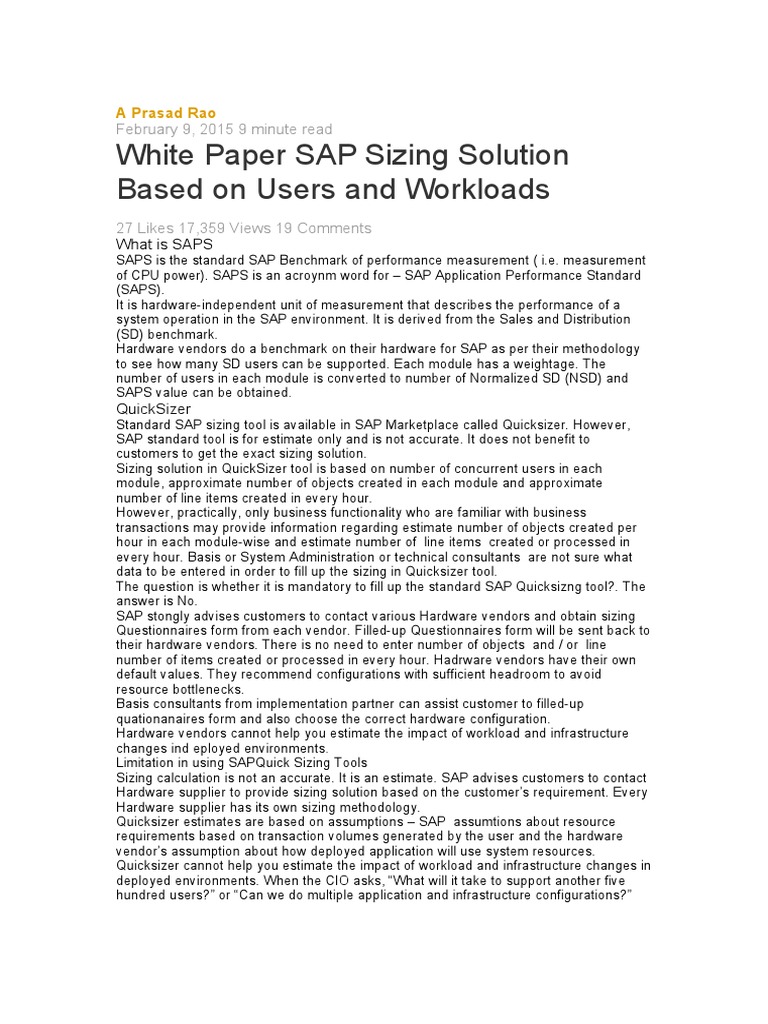 White Paper SAP Sizing Solution Based On Users and Workloads | PDF ...