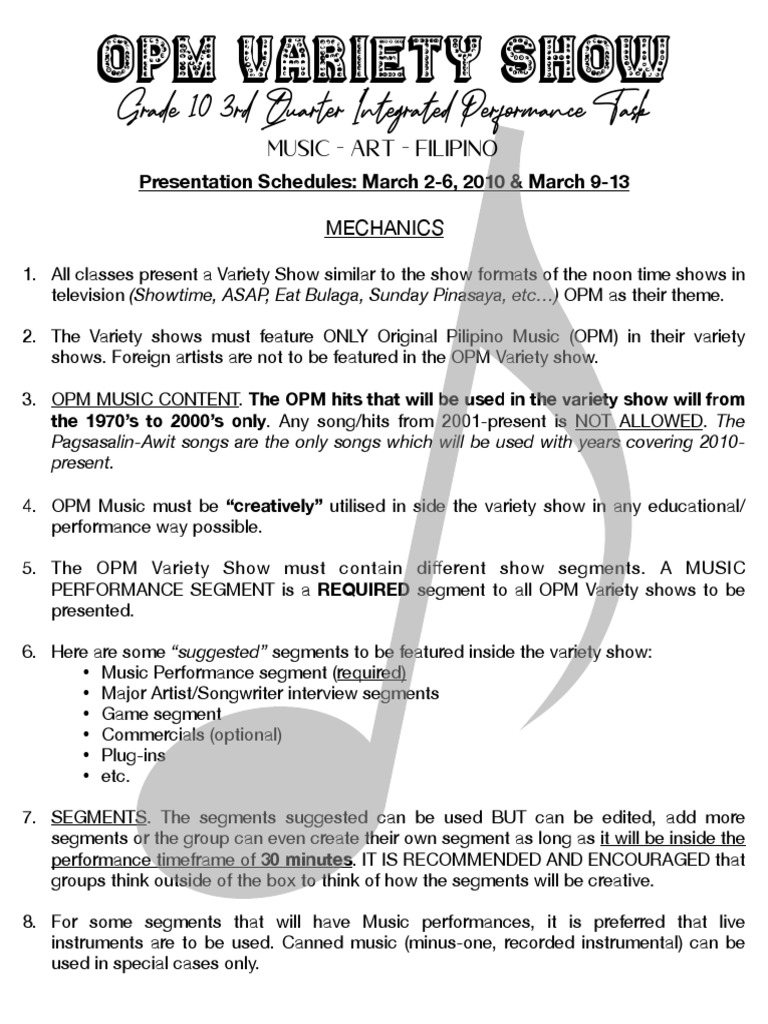 Opm Variety Show: Grade 10 3rd Quarter I!egr"ed Performance Task | PDF ...