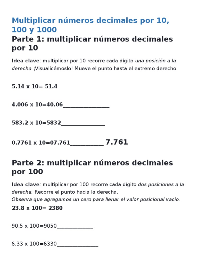 Multiplicacin De Nmeros Decimales Por 10 100 Y 1000 Worksheet Bar