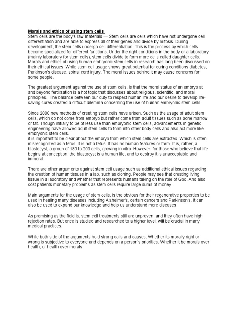 Morals and Ethics of Using Stem Cells | PDF | Stem Cell | Embryo