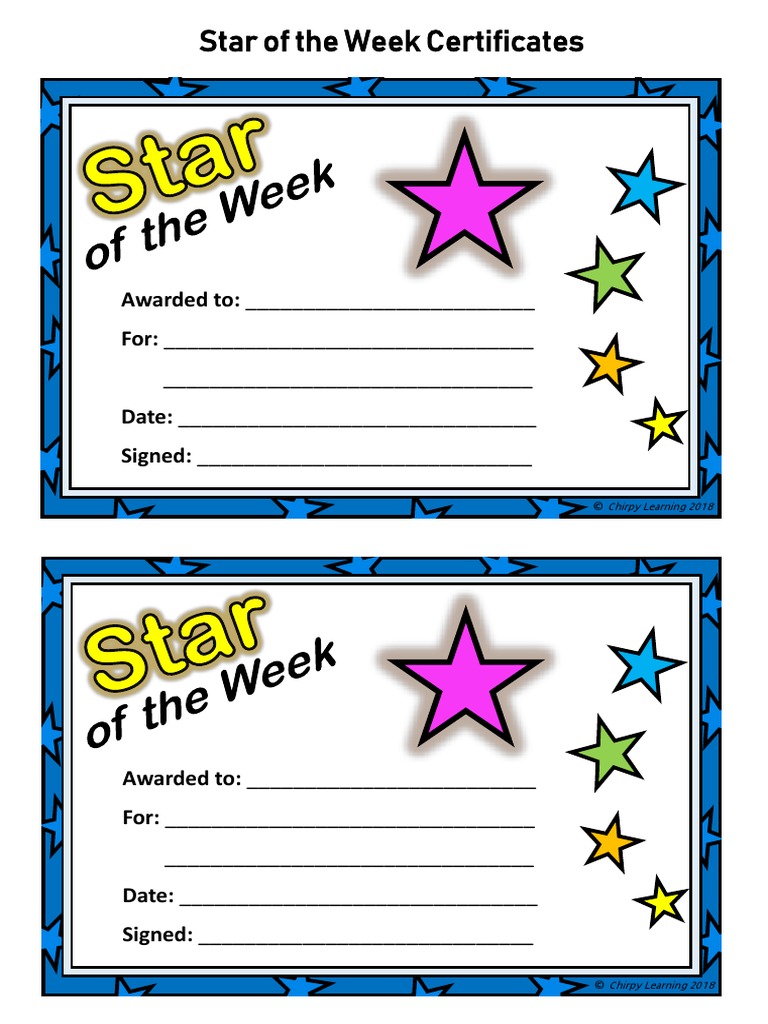 Star of The Week Certificates: Chirpy Learning 2018 | PDF