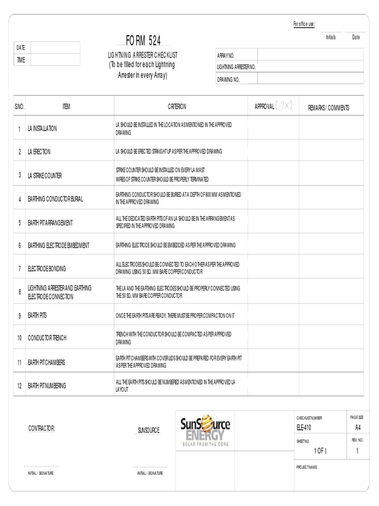 FORM 524: (To Be Filled For Each Lightning Arrester in Every Array ...