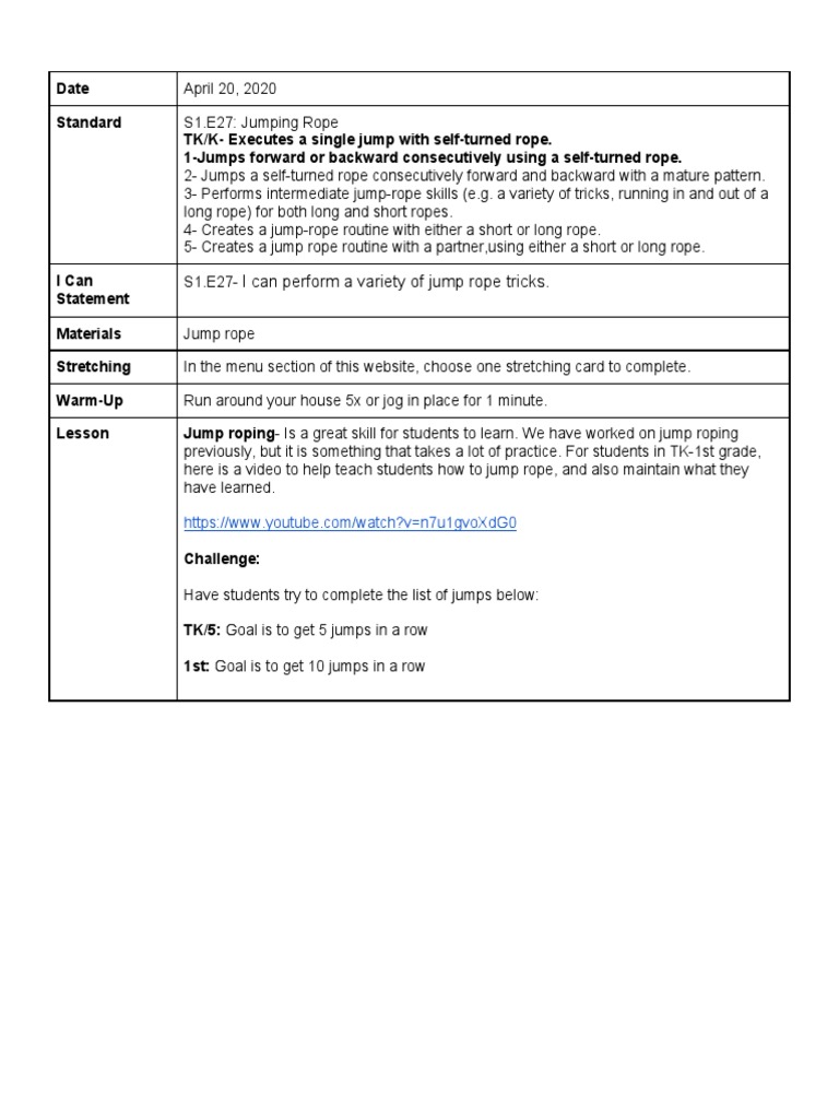 April 20 Jump Rope tk-1st | PDF