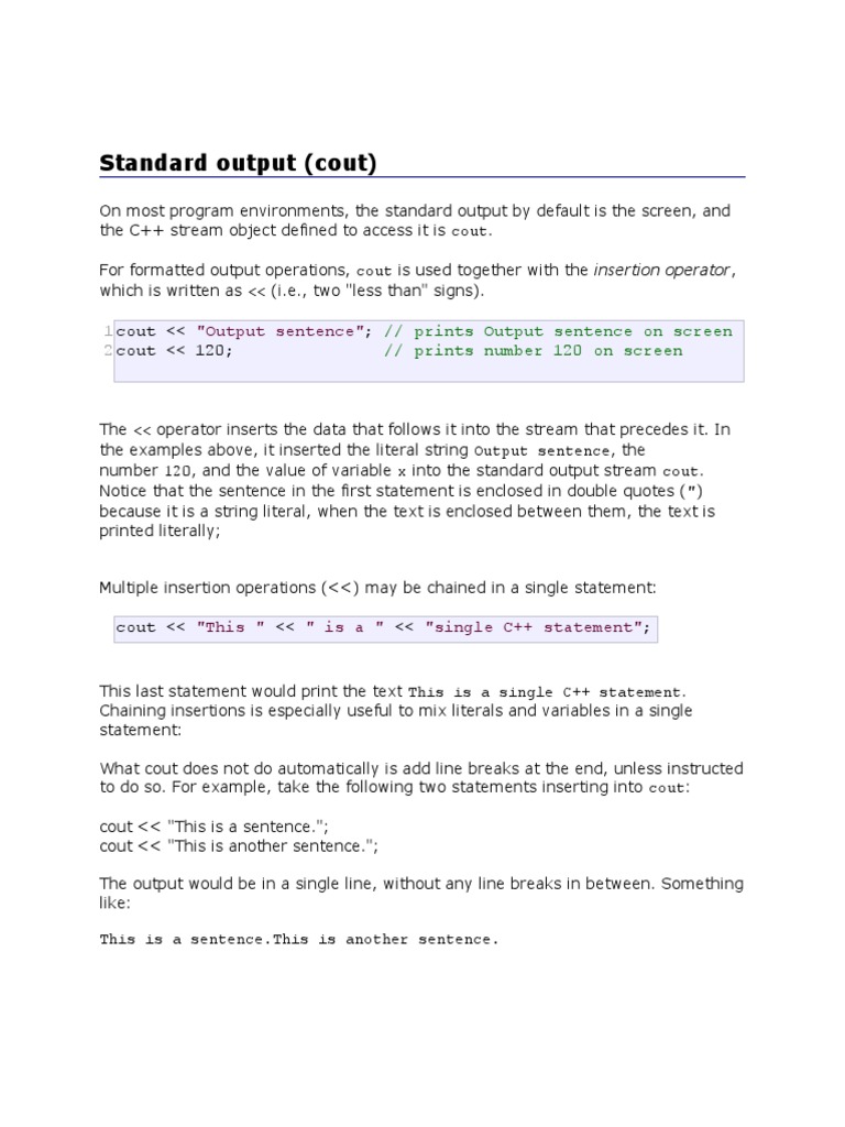 Standard Output (Cout) | PDF | Teaching Methods & Materials | Computers